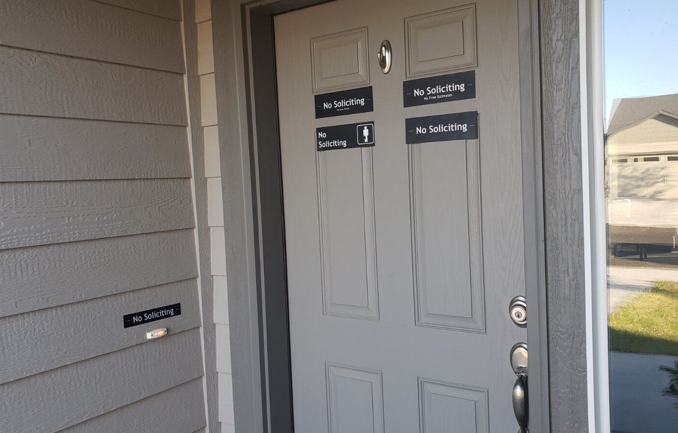 NO SOLICITING Sticker Sign Vinyl 9x3 inch MADE IN USA *choose one* Door ...