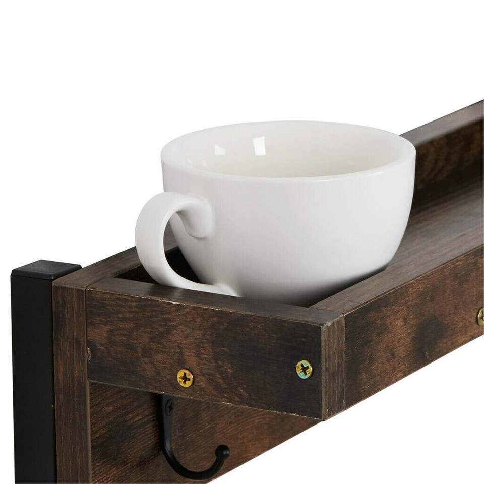 Rustic Distressed Wooden Mug Rack Wall Mounted with Shelf 12 Coffee Cup ...