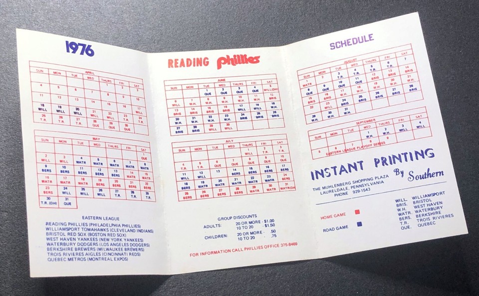 1976 Reading Phillies Baseball Pocket Schedule Stuber Advertising ...