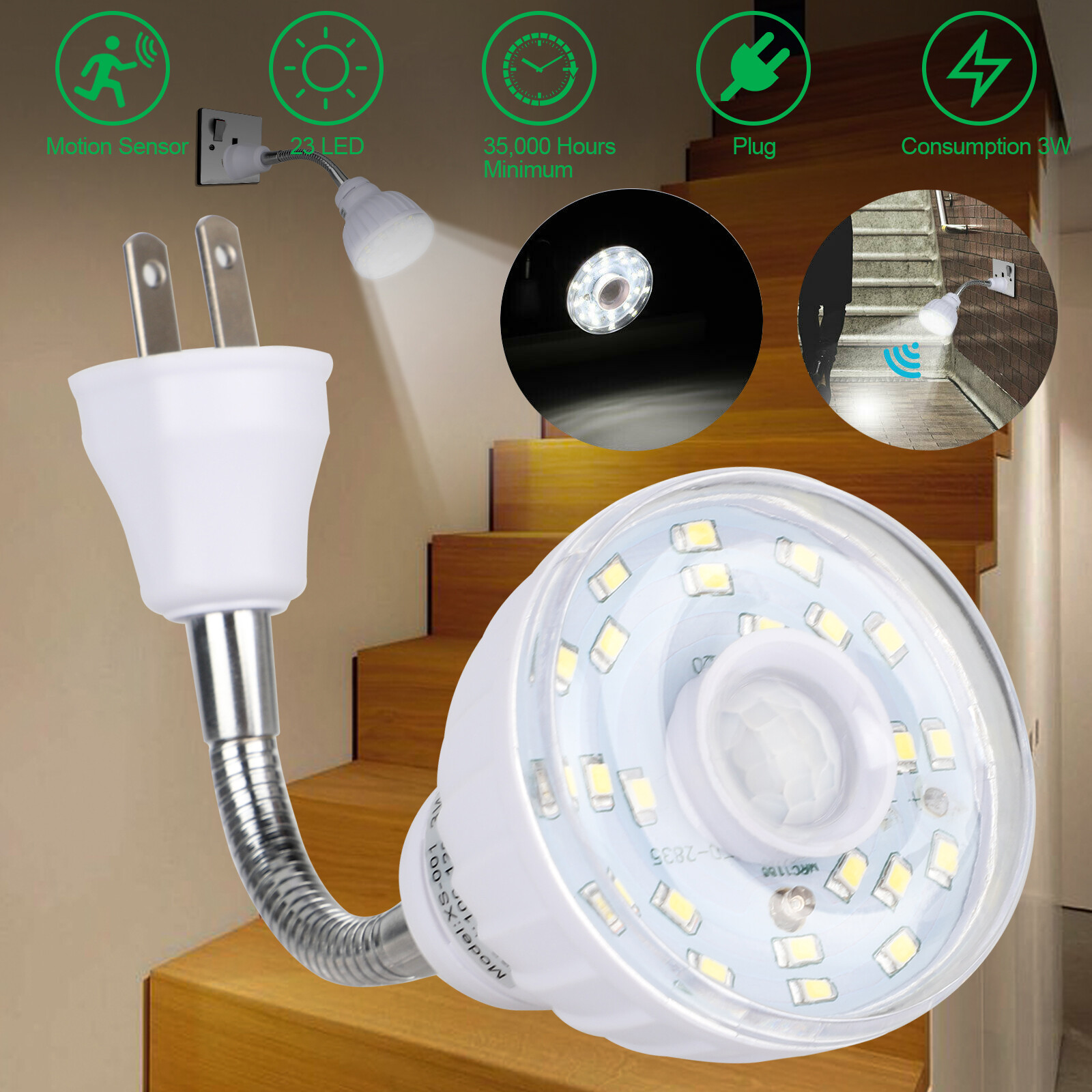 LED Motion-Activated Sensor Night Light AC Outlet Plug-In Wall Stair ...