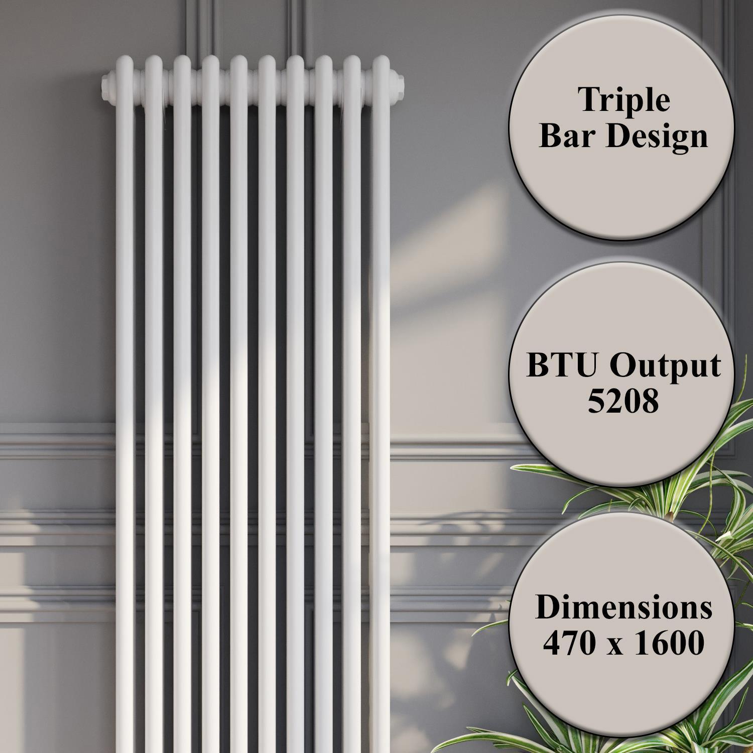 1600x470mm Triple Bar Traditional Colosseum Radiator White Vertical ...