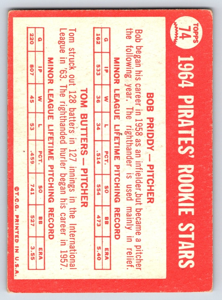 1964 Topps Pirates 1964 Rookie Stars (Bob Priddy / Tom Butters) #74 ...