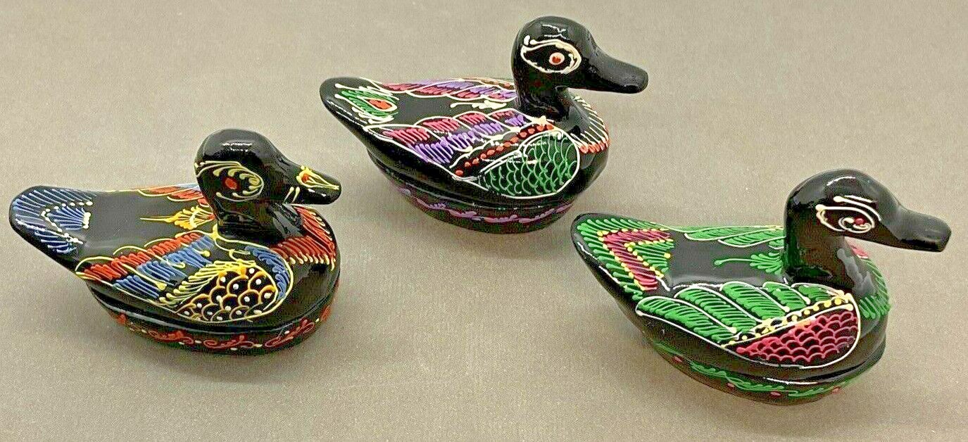 Lacquer Ware Duck 3 Babies Trinket Boxes Hand Painted Black Colorful ...