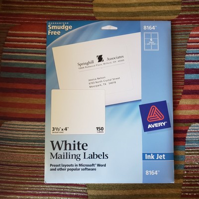 AVERY #8164 150 WHITE MAILING LABELS - 3 1/3" x 4" - INK JET - 6 PER ...