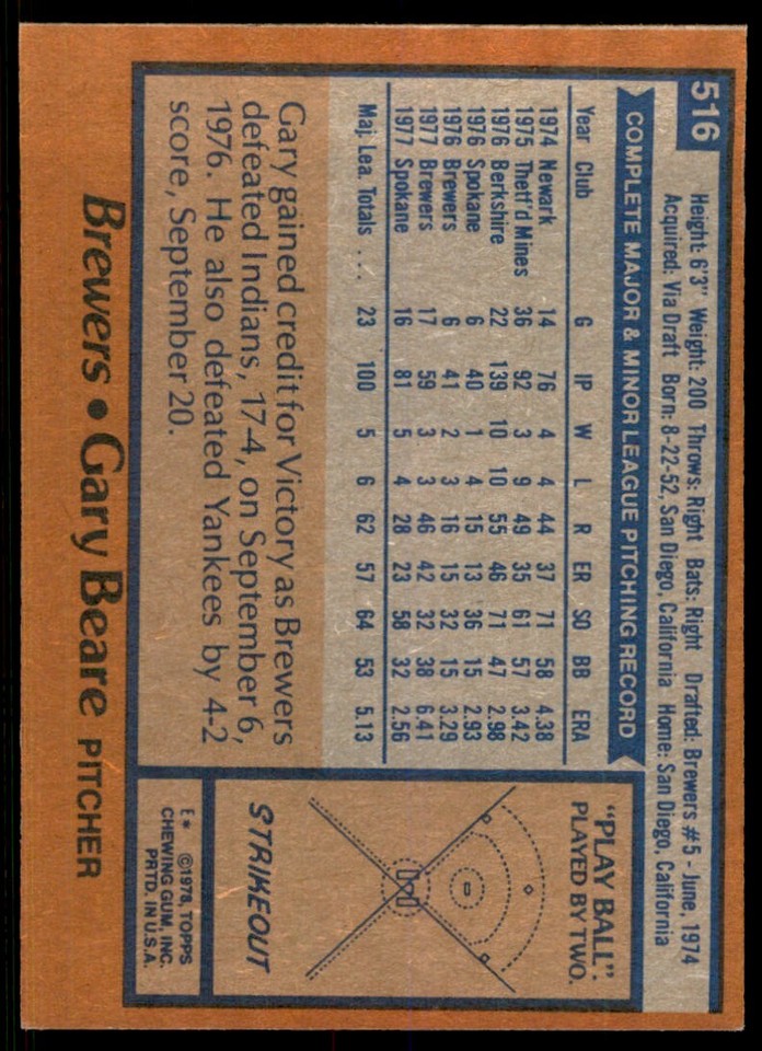 1978 TOPPS GARY BEARE MILWAUKEE BREWERS #516 (101) | eBay