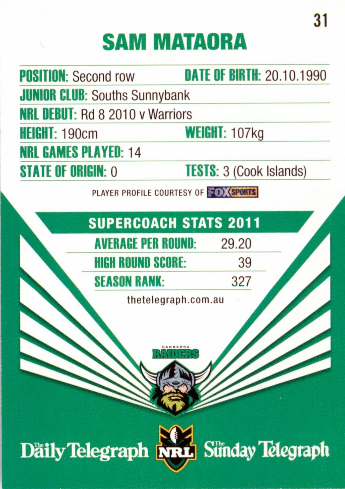 2012 CANBERRA RAIDERS NRL Card SAM MATAORA Daily Telegraph | eBay Australia