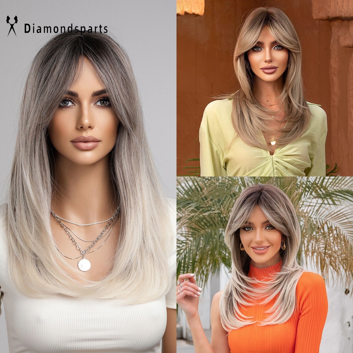 Long Layered Natural Ombre Ash Sliver Synthetic Hair Wig with Bangs for ...