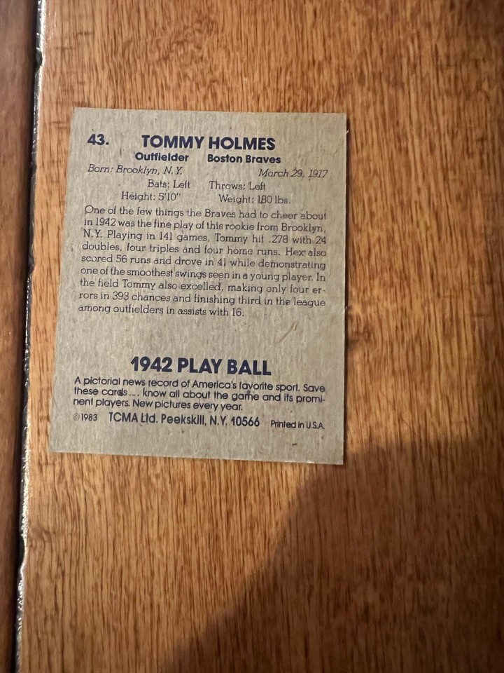 1942 PLAY BALL TOMMY HOLMES SIGNED BRAVES AUTOGRAPHED BASEBALL CARD ...