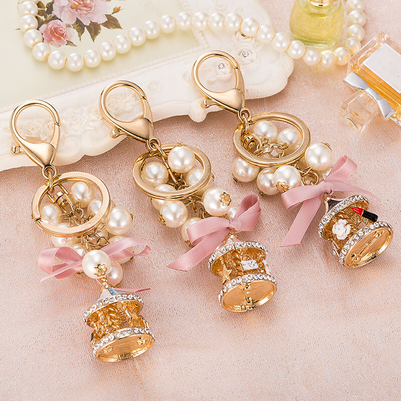 Pink/Blue/Black Carousel Keychain Womens Gold Car Key Ring White Pearl ...
