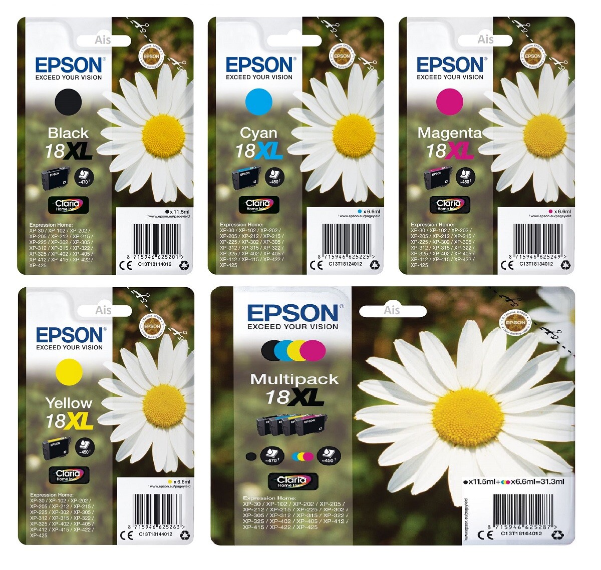 Genuine Epson 18XL, Daisy Ink Cartridges, T1811, T1812, T1813, T1814 ...
