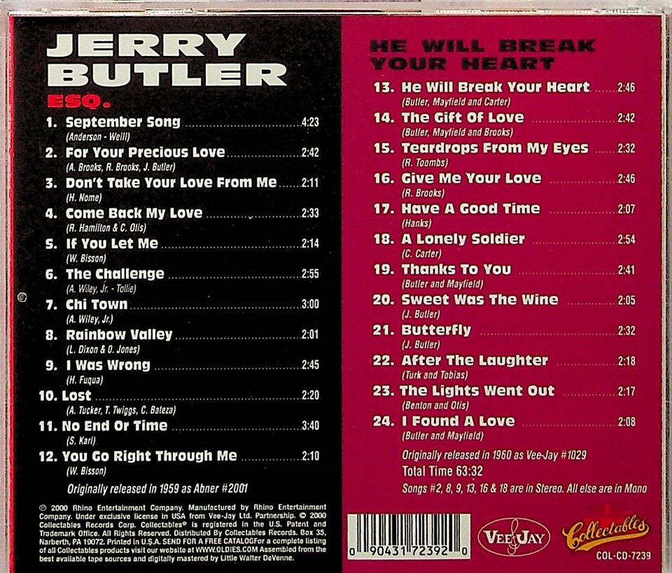 Jerry Butler-2-LP Albums On 1 CD (Esq & He Will Break Your Heart) 2on1 ...