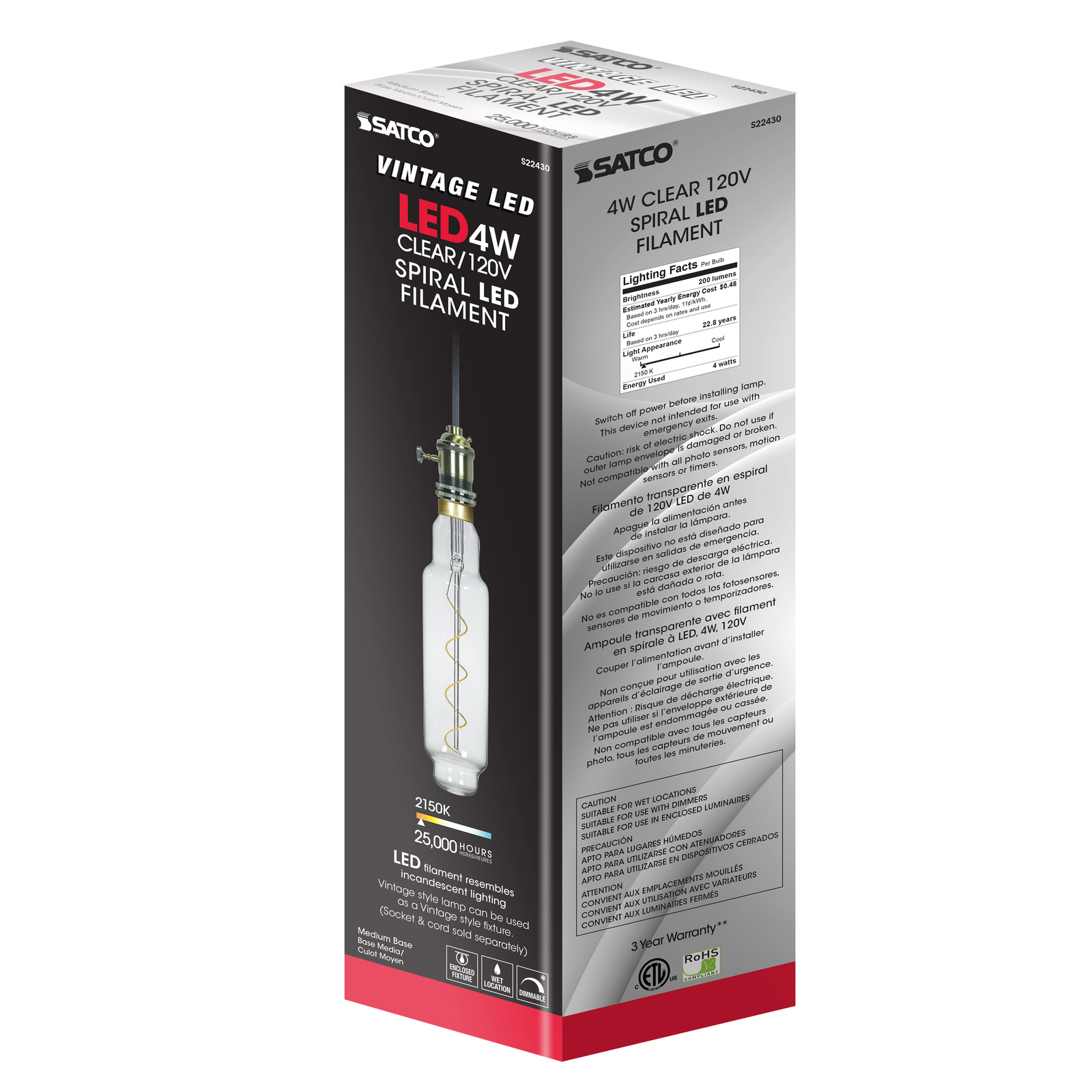 Satco S22430 4W =40W T24 LED Vintage Spiral Filament Tube Clear Medium ...