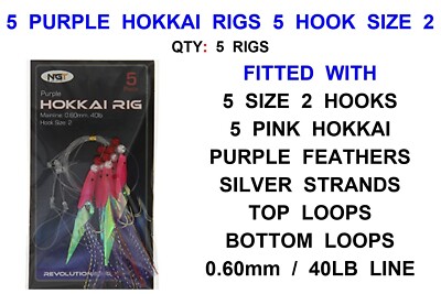 5 NGT PURPLE HOKKAI RIGS 5 HOOK SIZE 2 SEA FISHING LURES MACKEREL COD ...