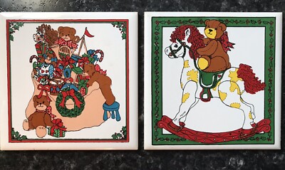 Ceramic Christmas Tile Hot Plate 4”x4” Holiday Teddy Bears Set Of Two ...
