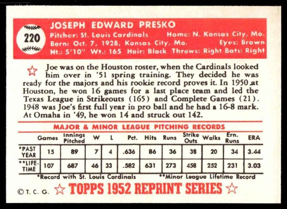 1983 Topps 1952 Reprint Series Joe Presko St. Louis Cardinals #220 | eBay