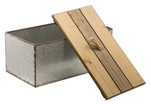 Rustic Galvanized Metal Storage Box with Wooden Lid 12"W x 6.5"D ...