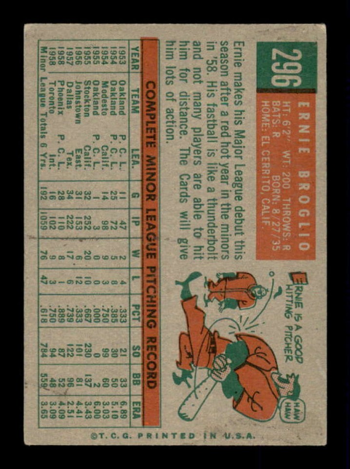 1959 Topps #296 Ernie Broglio VG/VGEX RC Rookie Cardinals 558646 | eBay