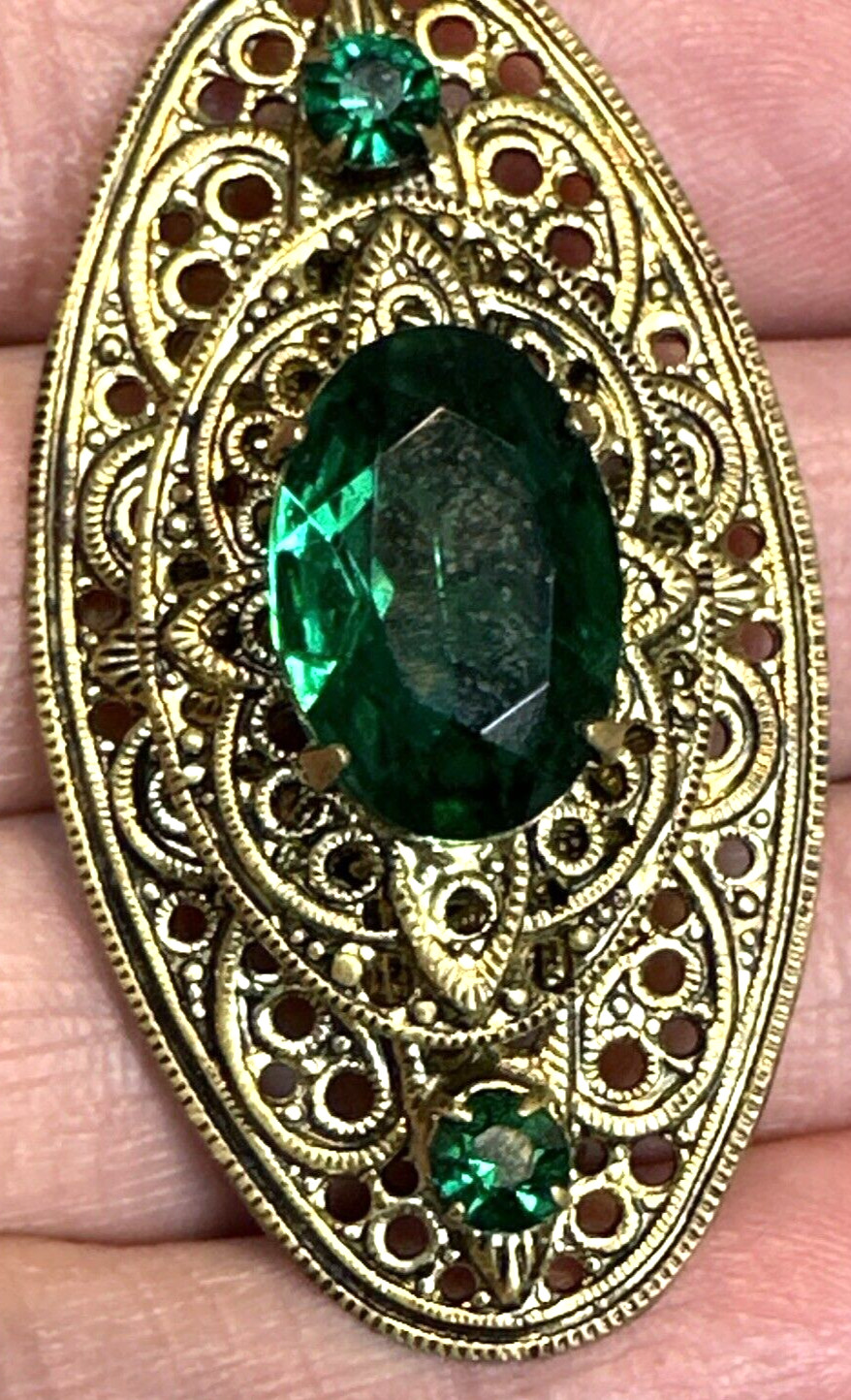 Antique Czech Filigree 2 Tier Emerald Green Rhinesto… - Gem