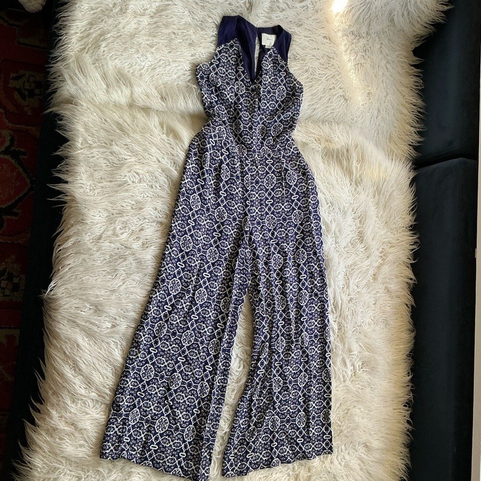 Elevenses Anthropologie Blue White Sleeveless Audra Wide Leg Jumpsuit | eBay