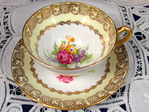 STANLEY PALE YELLOW ORNATE GOLD DESIGNS PINK ROSE FLORAL TEA CUP AND ...