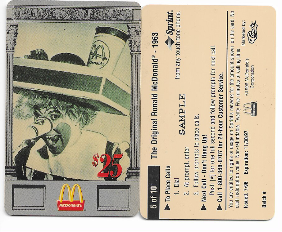 McDonald's Vintage Ronald McDonald Ad $25. Sample Phone Card Silver ...
