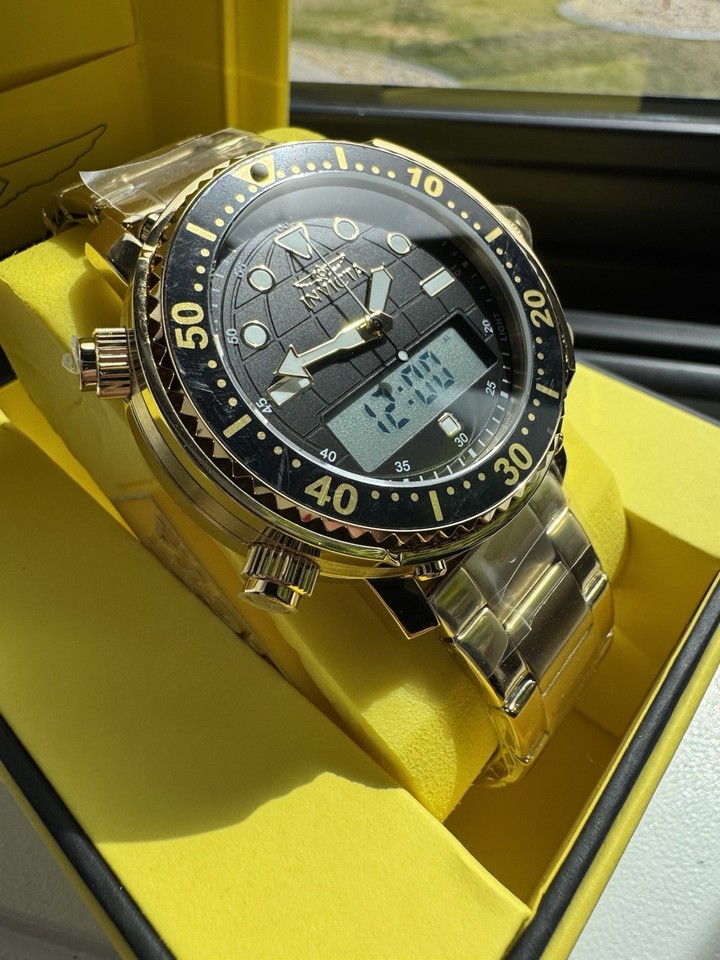 Invicta Pro Diver Men's 46.5mm Gold Dual Time Digital Ana-Digi Watch ...
