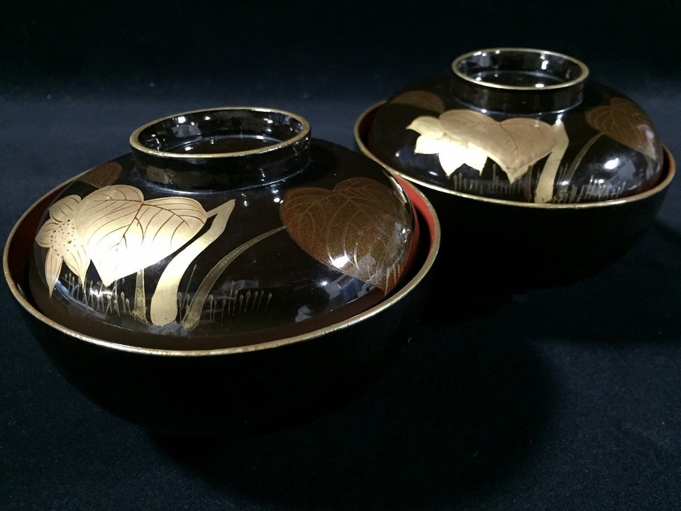 C1198 Japanese Soup Bowl Cup OWAN Set 2pc Vintage Lidded Tableware Leaf ...