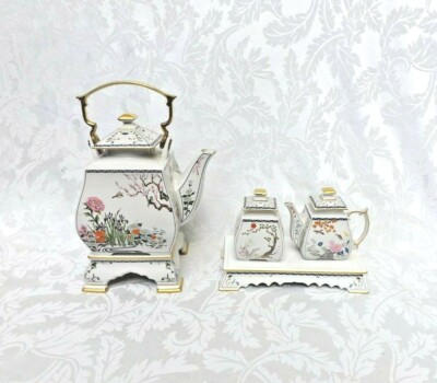 Franklin Mint Oriental Tea Pot, Sugar & Creamer ~ 24kt Accents Birds ...