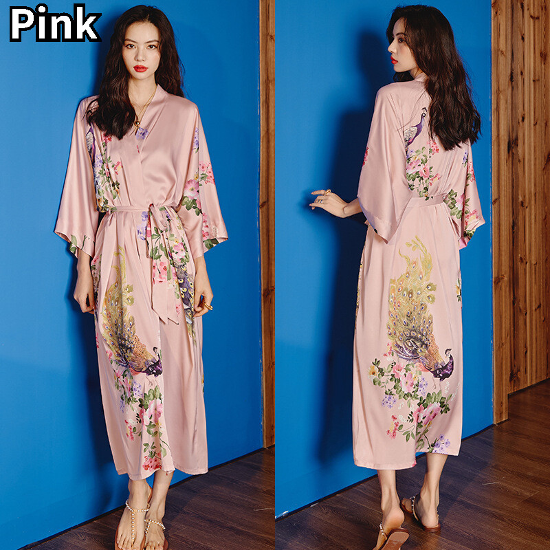 Women Chinese Print Long Robe Satin Silk Bathrobe Sleepwear Night Gown ...