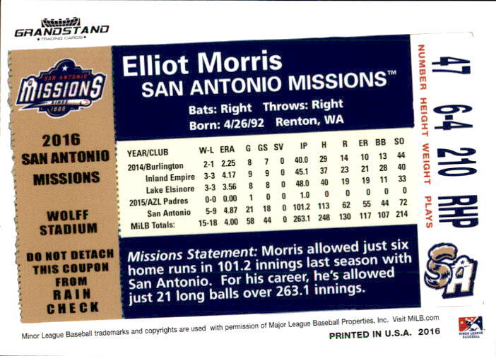 2016 San Antonio Missions Grandstand #17 Elliot Morris Renton ...