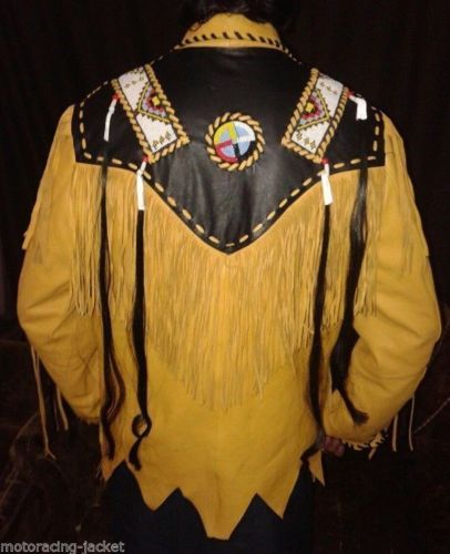 Men Western Fringed Buckskin Native American Indian Fringe Bones Coat ...