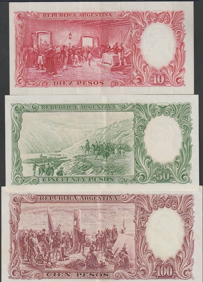 Argentina lot 3 10 50 100 Pesos Banknotes 1942-57 Extra Fine-ChVF Pic ...