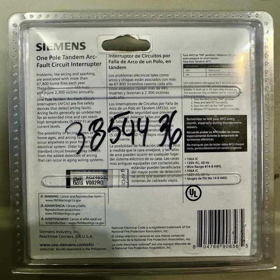 NEW Siemens Q2020AFC 120V 20A 1-pole Tandem CAFCI Type QTA Circuit ...