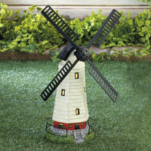 Solar LED Windmill Lighthouse Garden Statue Spinning Lighted Patio Yard ...