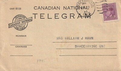 1945 Canadian National Railway Telegram Bracebridge Ontario | eBay