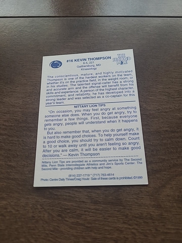 Nice 1999 Penn State The Second Mile Kevin Thompson Card | eBay