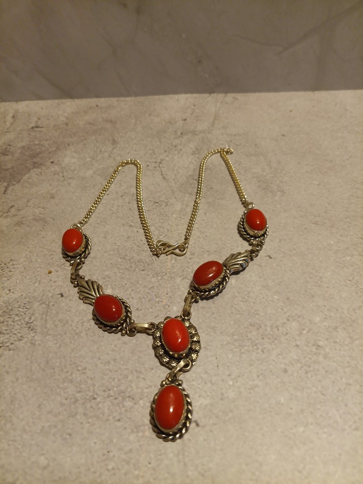 New Red Coral Stone Artisan Crafted Necklace 20" in a 925 Silver ...