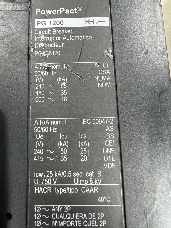 👀 NEW SQUARE D 1200A POWERPACT I-LINE CIRCUIT BREAKER 600 VAC 3 POLE ...
