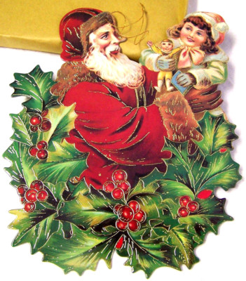 Large 7" CHRISTMAS ORNAMENT Santa Holding Girl with Dolly in Holly ...
