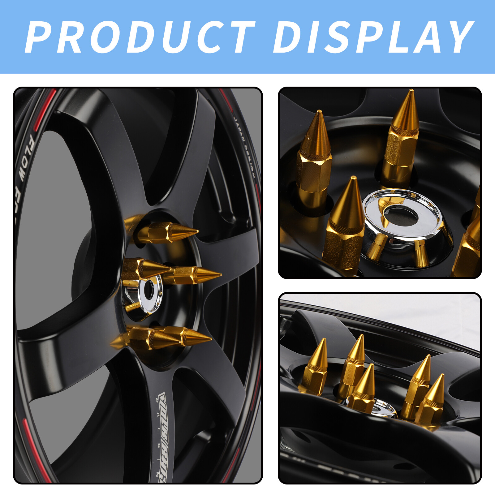 60mm GOLD 20PCS M12X1.5 CAP SPIKED EXTENDED TUNER ALUMINUM WHEELS RIMS ...