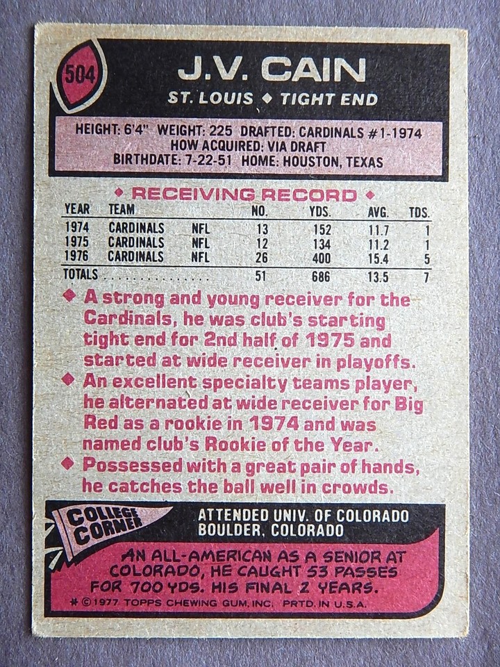 J.V. Cain #504 Topps 1977 Football Card (St Louis Cardinals) VG | eBay
