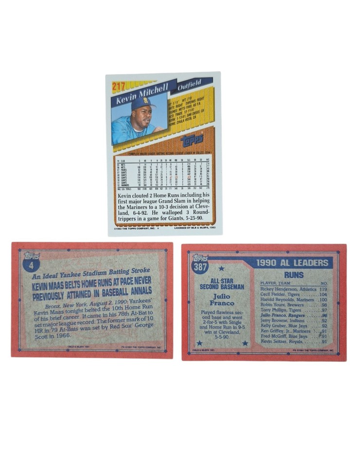 VINTAGE 3-Card Baseball Lot: Kevin Mitchell Mariners, Julio Franco ...