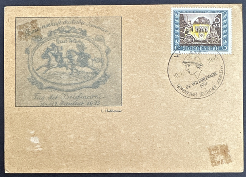 Germany 1943 FDC Sc# B215 Postcard Mail Coach Stamp Day Vienna Postmark ...