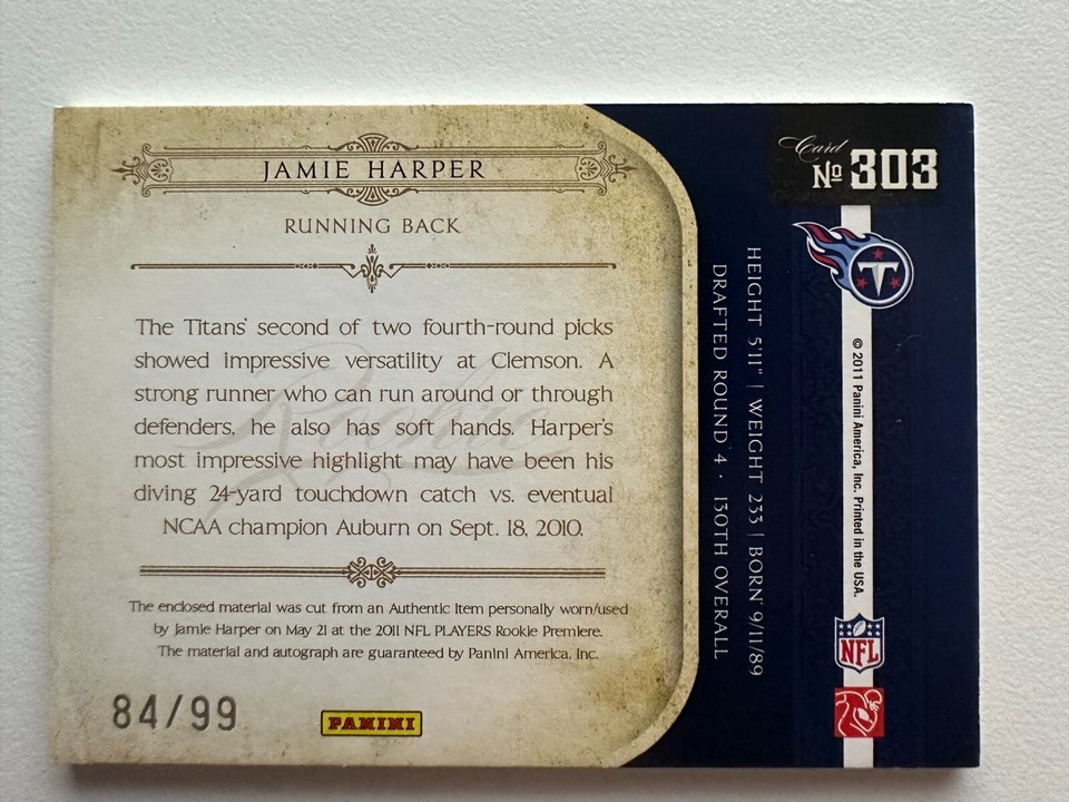 2011 Playoff National Treasures Jamie Harper Patch Auto Rookie /99 Titan | eBay