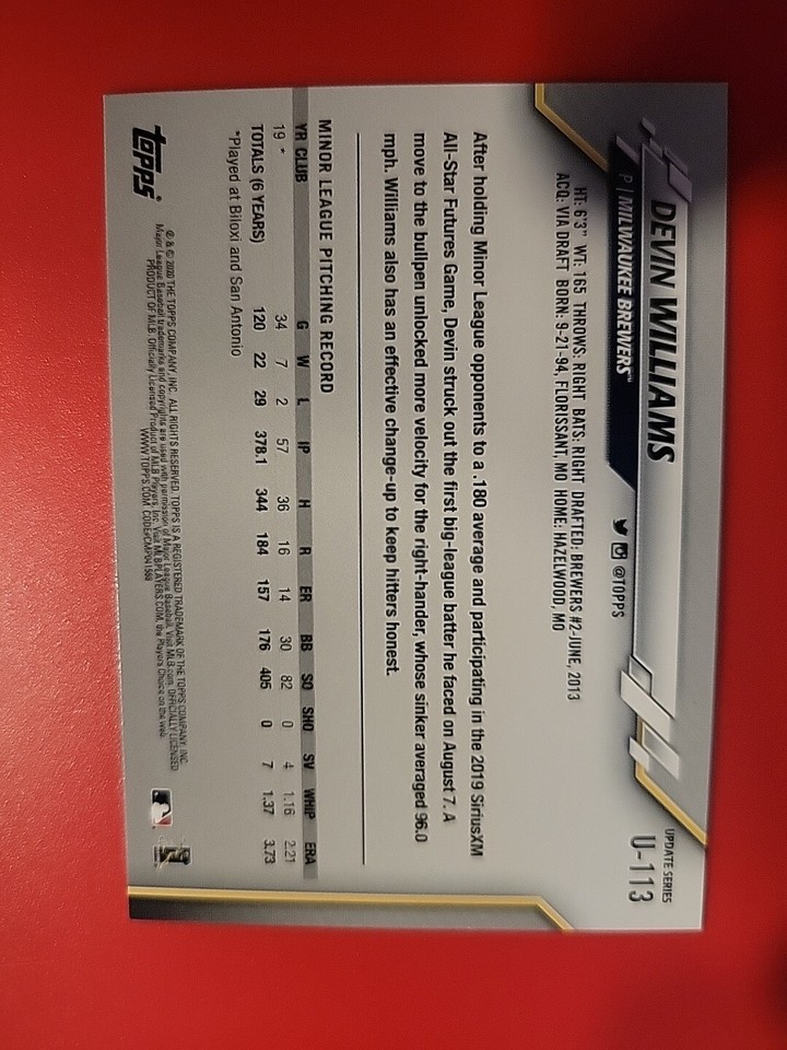 2020 Topps Update Series - Devin Williams #U-113 (RC) | eBay