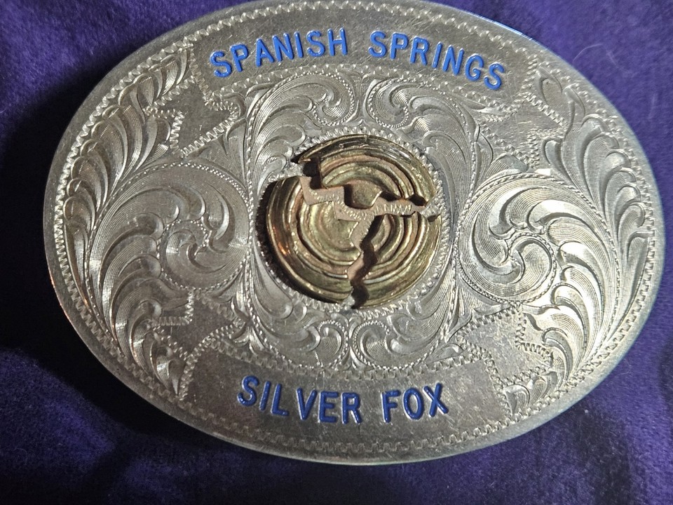 SPANISH SPRINGS SILVER FOX Belt Buckle Sterling On Nickel Engraved Oval ...