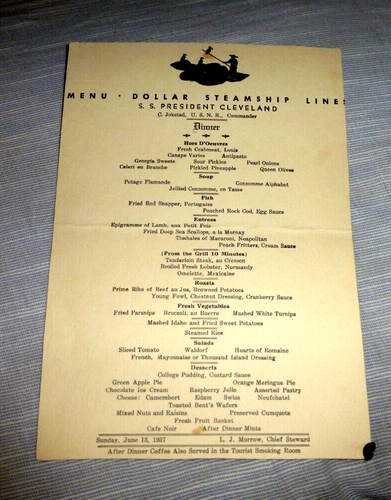 VINTAGE MENU DOLLAR STEAMSHIP LINES SHIP SS PRESIDENT CLEVELAND 1937 | eBay