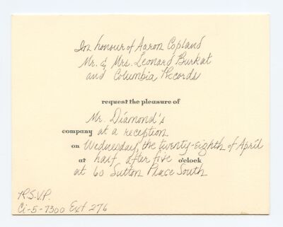 Invitation for David DIAMOND (Composer) to a Reception for Aaron ...