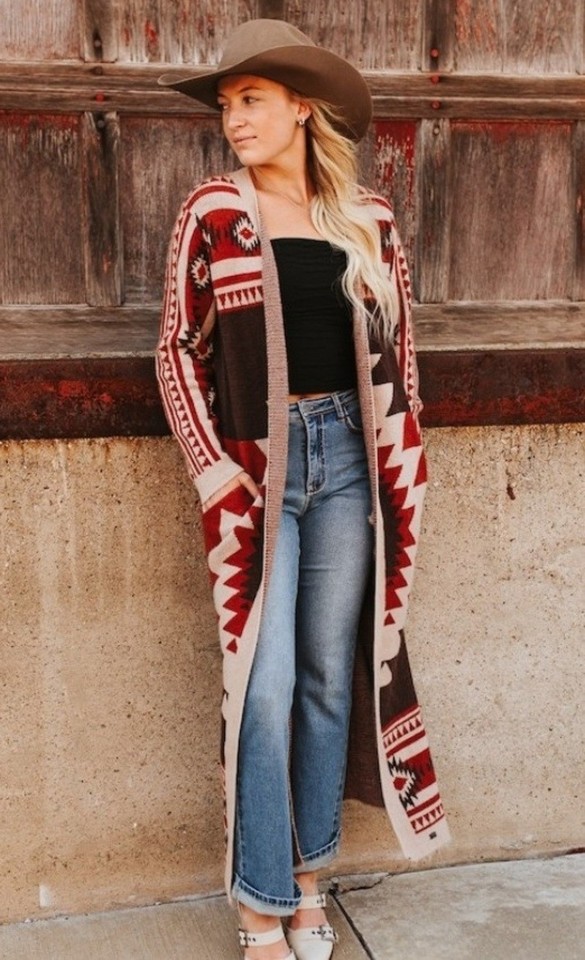 Boho Tribal Western Aztec Knit Long Maxi Cardigan Sweater Duster Coat L ...
