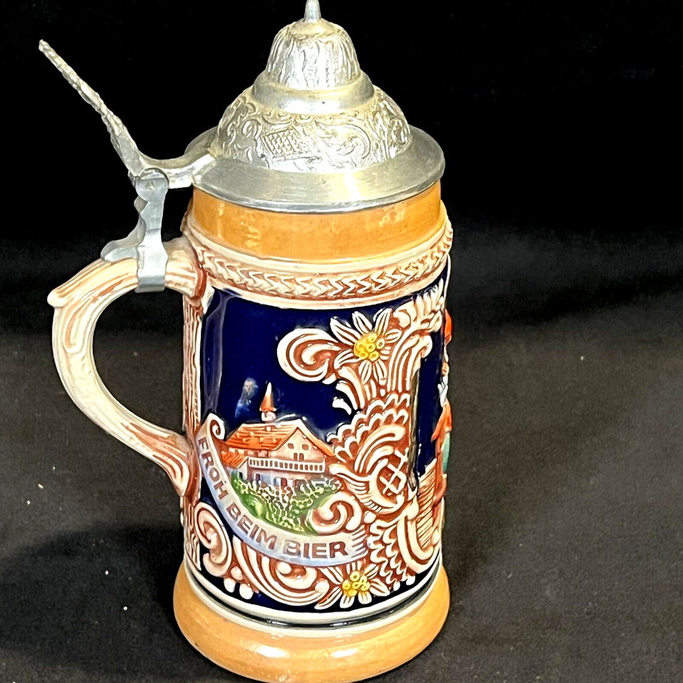 Vintage GERZ W. Germany Beer Lidded Stein FROH BEIM BIER DAS LIEBEN WIR ...